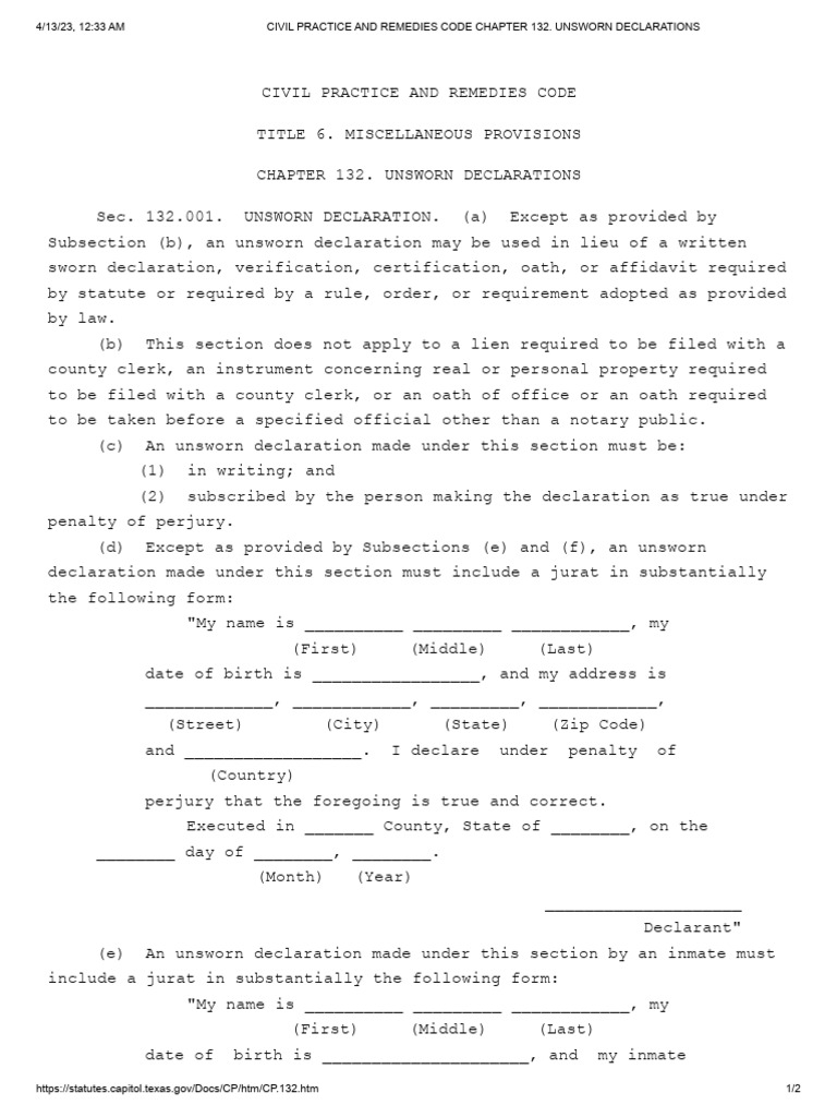 CIVIL PRACTICE AND REMEDIES CODE CHAPTER 132. UNSWORN DECLARATIONS | PDF