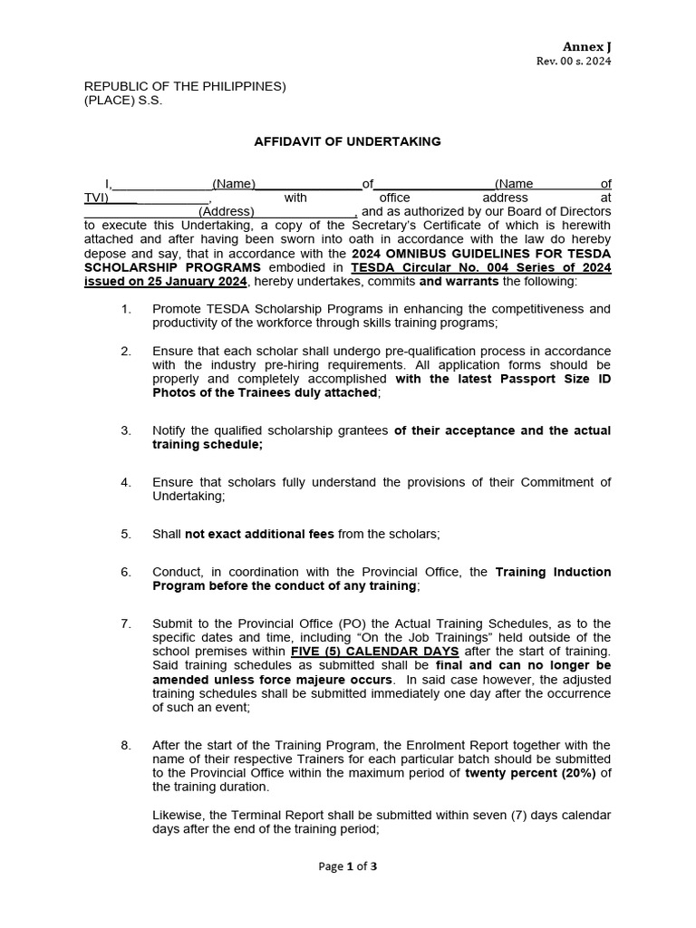 Annex J Affidavit of Undertaking For Tvi 2024 | PDF | Audit | Justice Annex J Affidavit of Undertaking For Tvi 2024 | PDF | Audit | Justice