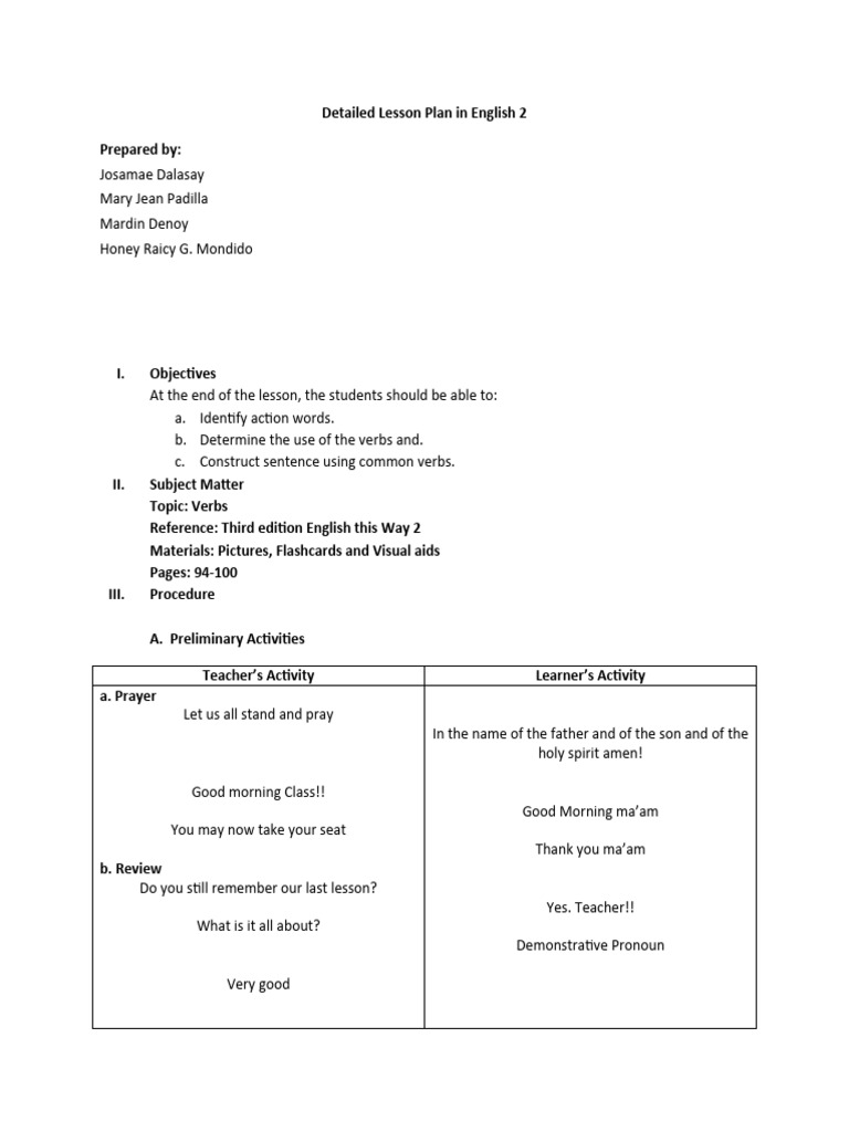 English 2 Lesson Plan: Understanding Verbs | PDF | English Language ...