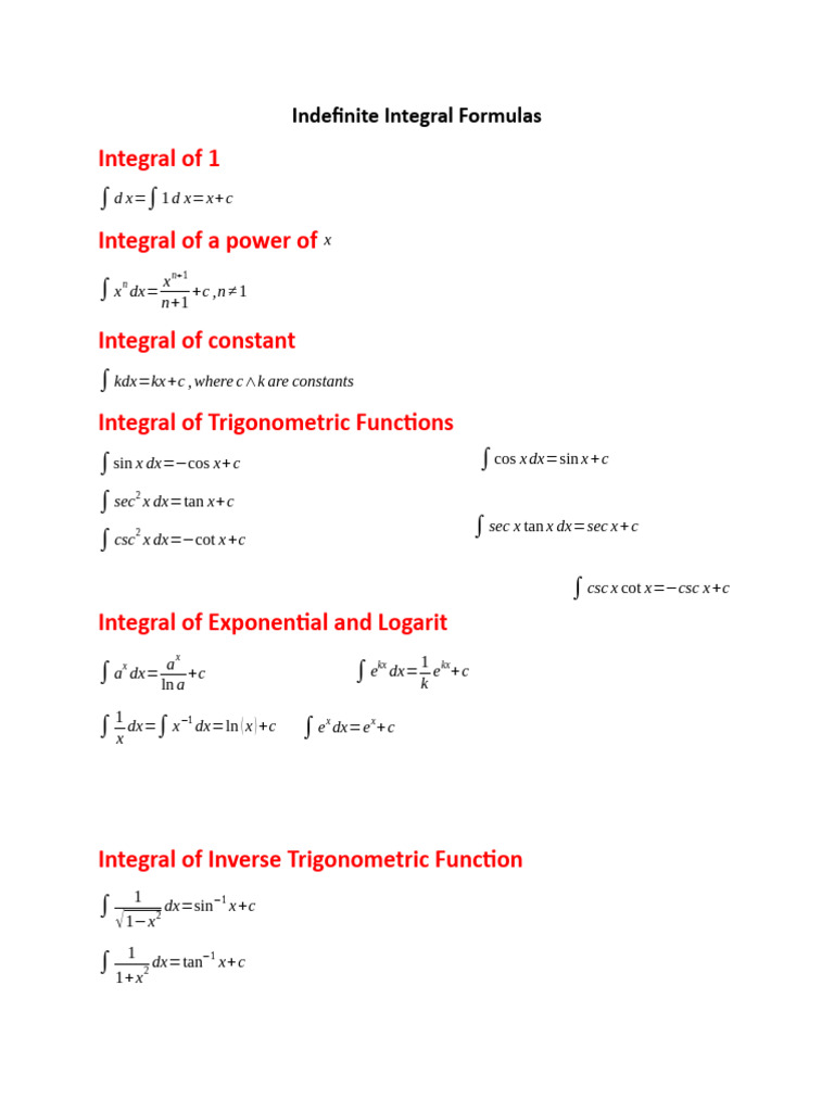 Indefinite Integral Formulas | PDF