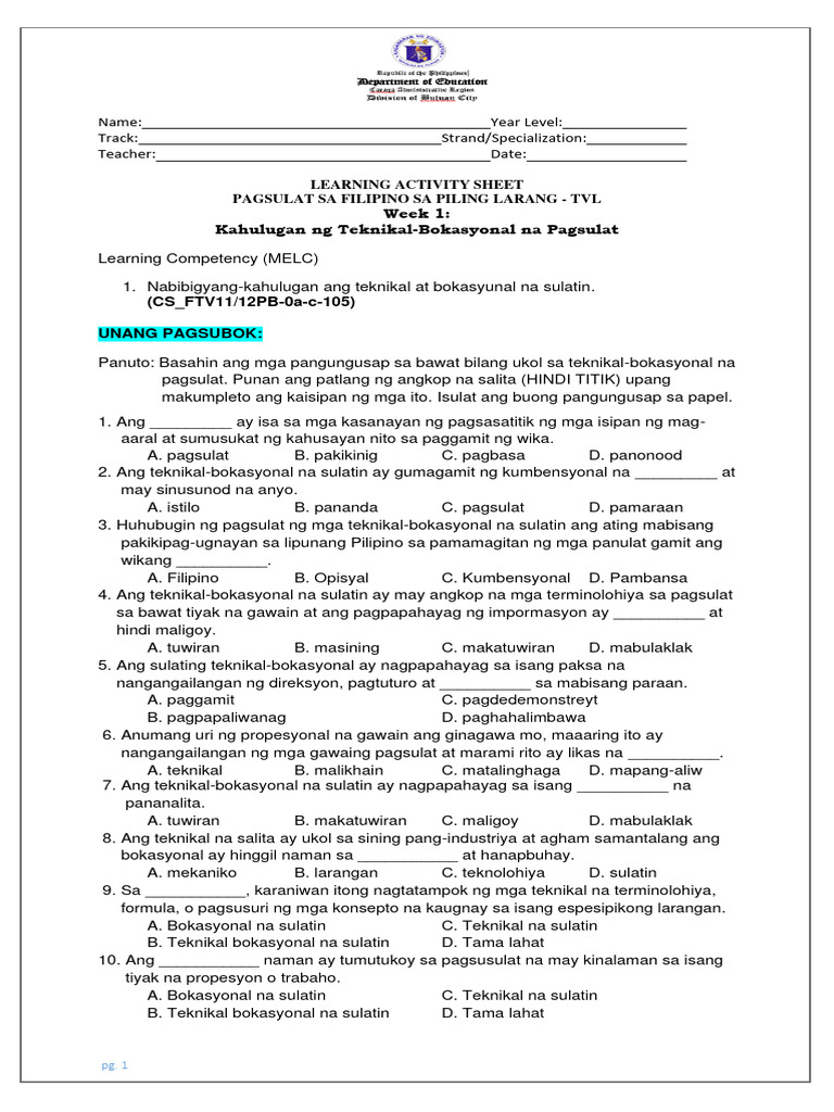 Week 1: Kahulugan NG Teknikal-Bokasyonal Na Pagsulat: Learning Activity ...