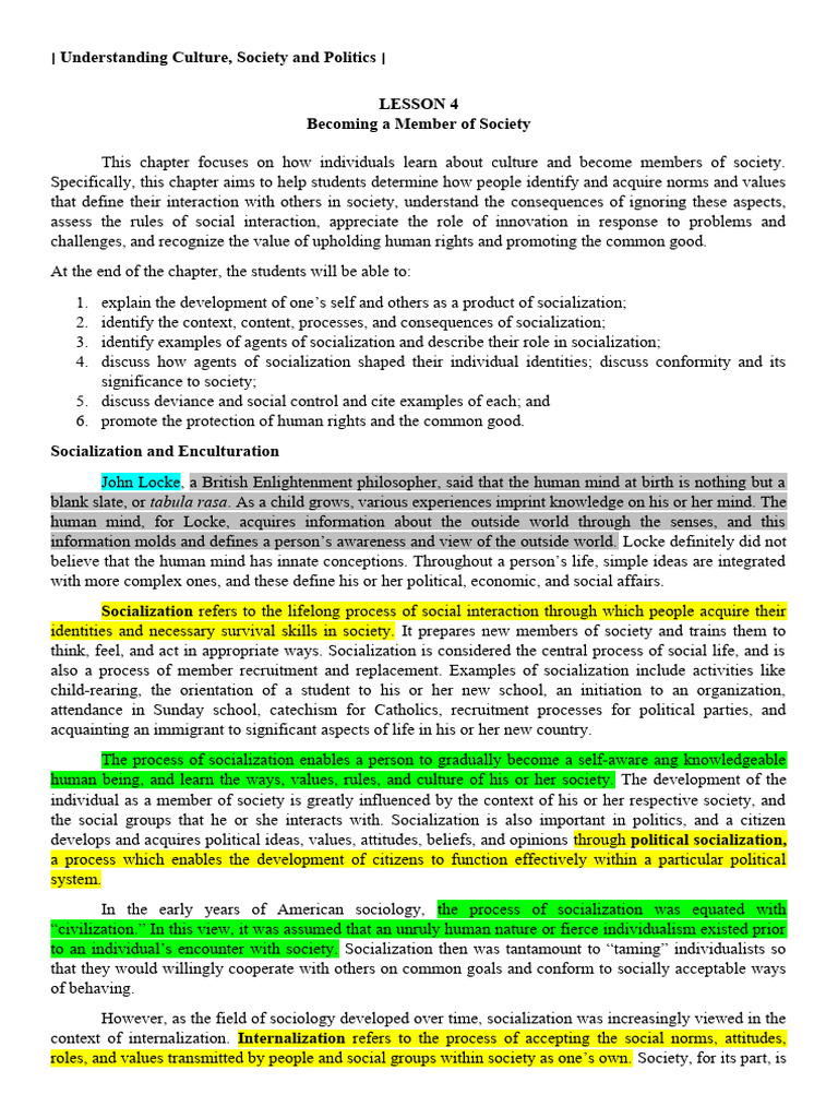 REFERENCE LESSON 4 Becoming A Member of Society | PDF | Deviance ...