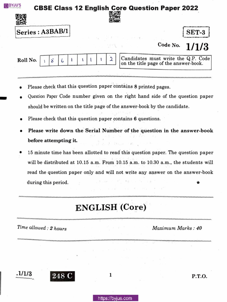 CBSE Class 12 English Core Question Paper 2022 | PDF | Target Audience | Marketing