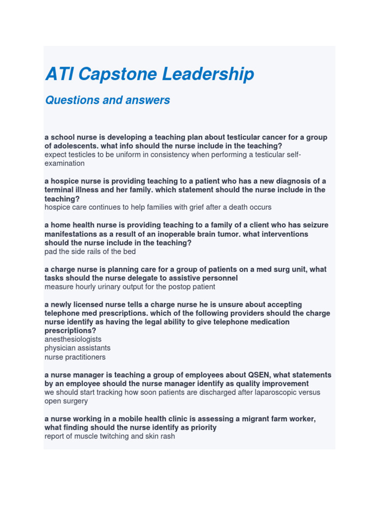 ATI Capstone Leadership | PDF | Nursing | Patient