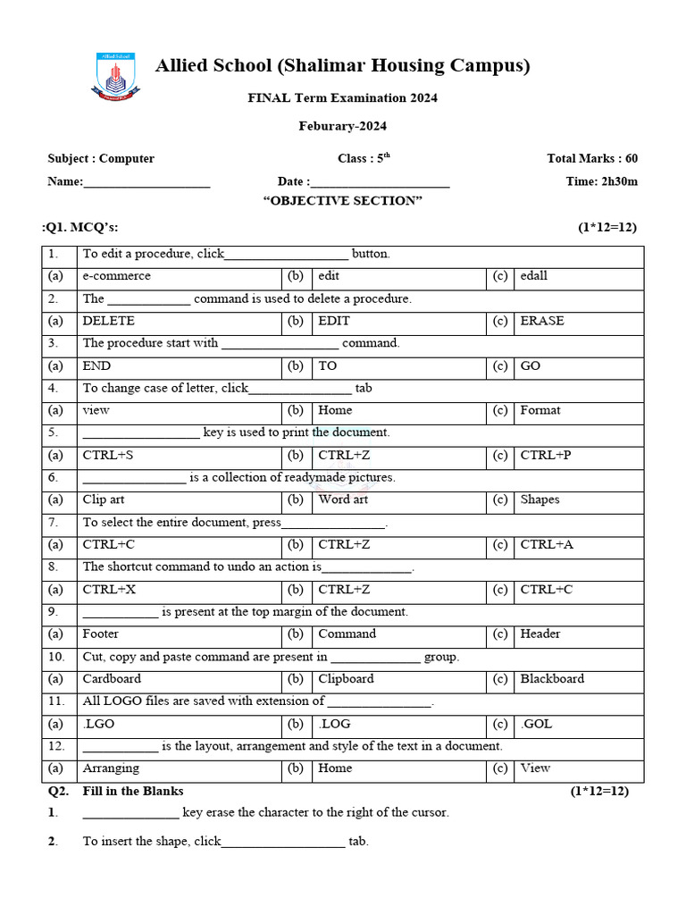 5th Class Final Paper Pdf Microsoft Excel Computer Science 9773