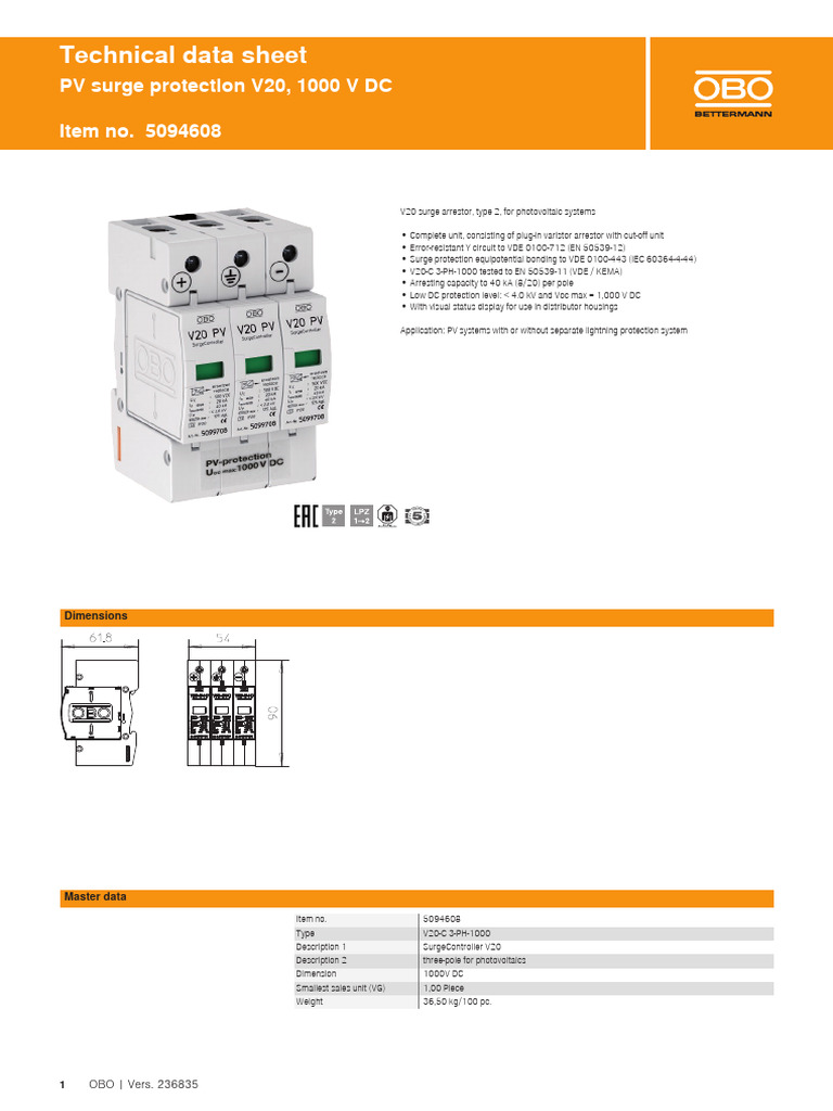 PV Surge Protection V20 Data Sheet | PDF | Nature | Electrical Equipment