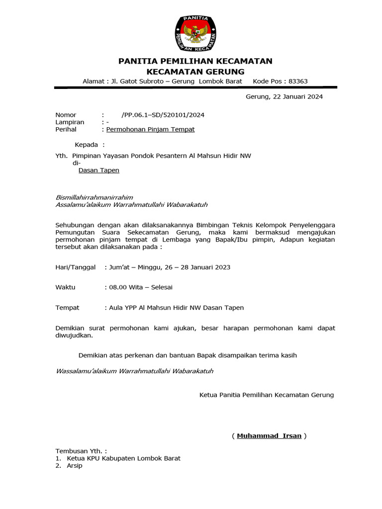 Surat Dinas Pinjam Tempat | PDF