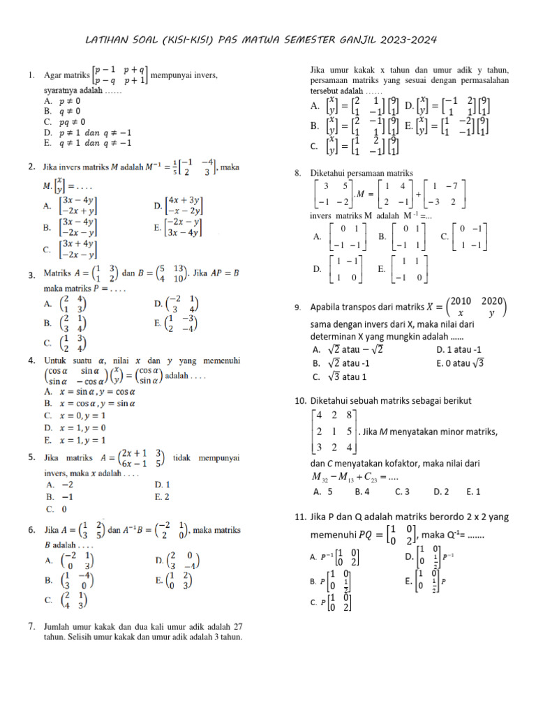 Latsol (Kisi-Kisi) Pas Matwa Semester Ganjil 2023-2024 | PDF | Metode & Bahan Ajar