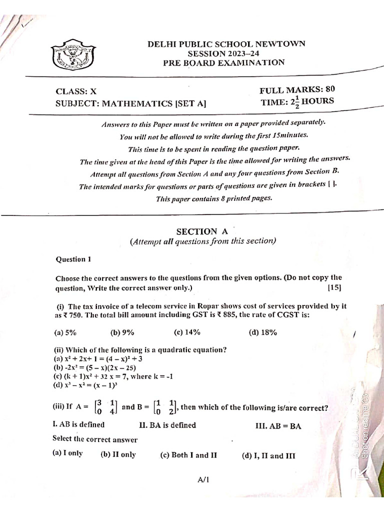 Dpsnewtown Maths Preboard - 1 | PDF