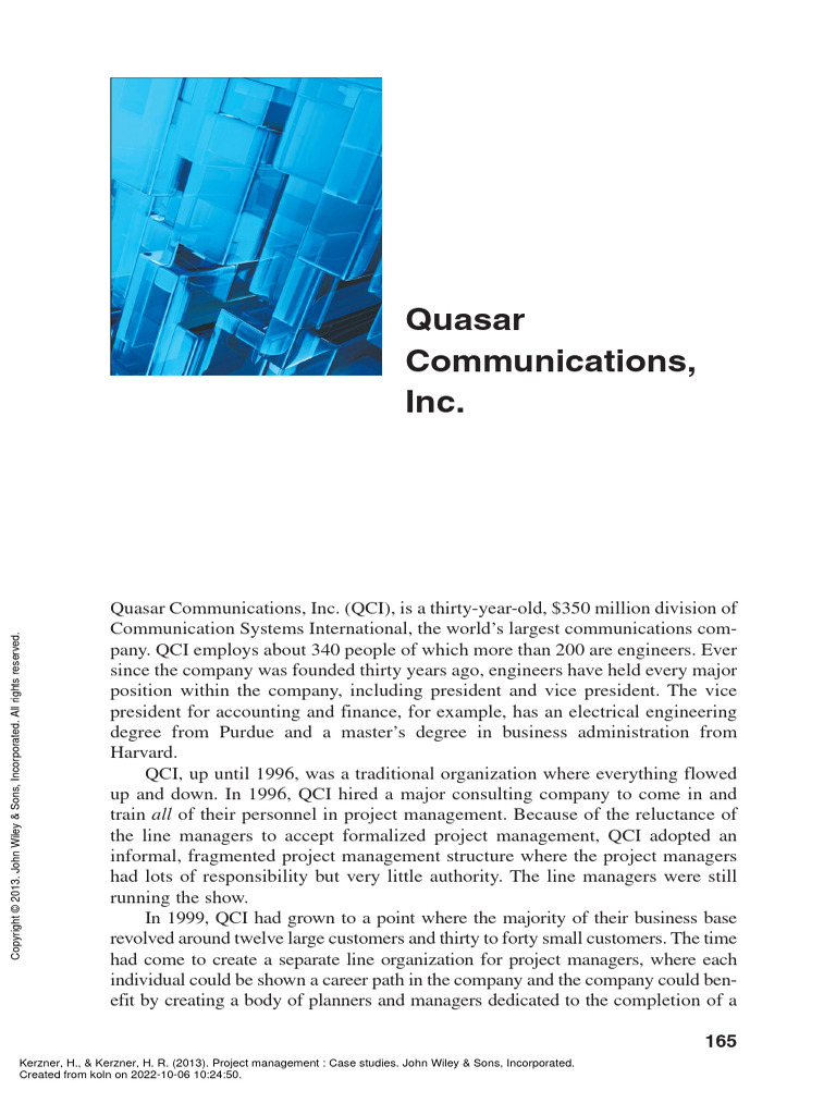 Case-01-Quasar-Communications - Kerzner - 2013 | PDF | Marketing ...
