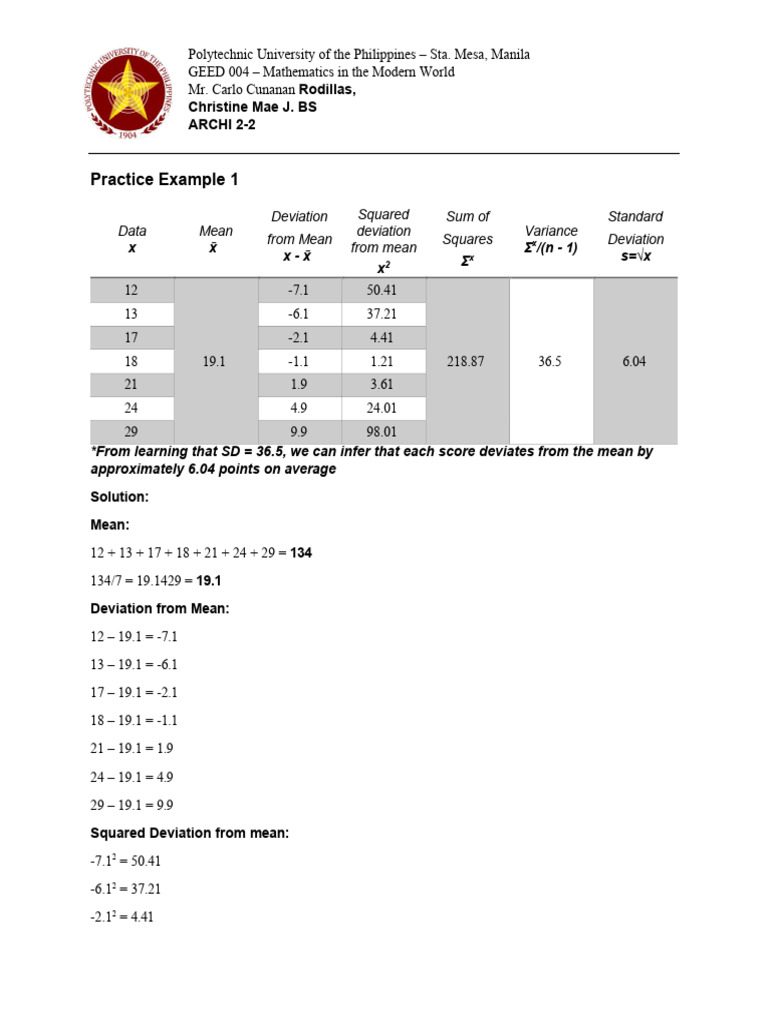 RODILLAS Christine Mae J - BSARCH2 2 MMW Assignment SD MEAN VARIANCE | PDF | Variance | Standard ...