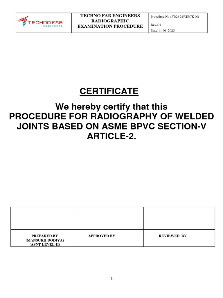 RT Procedure Rev.01 | Download Free PDF | Radiography | Welding