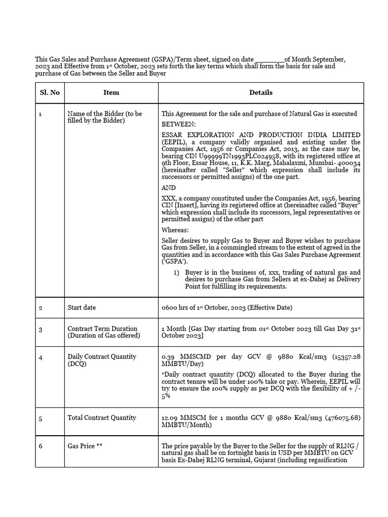 GSPA-Term Sheet | Download Free PDF | Indemnity | Liquefied Natural Gas