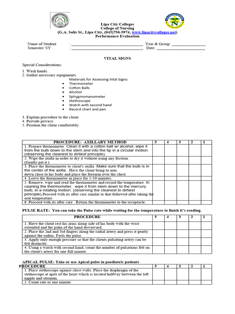 Real - VITAL-SIGNS Checklist | PDF | Pulse | Physiology