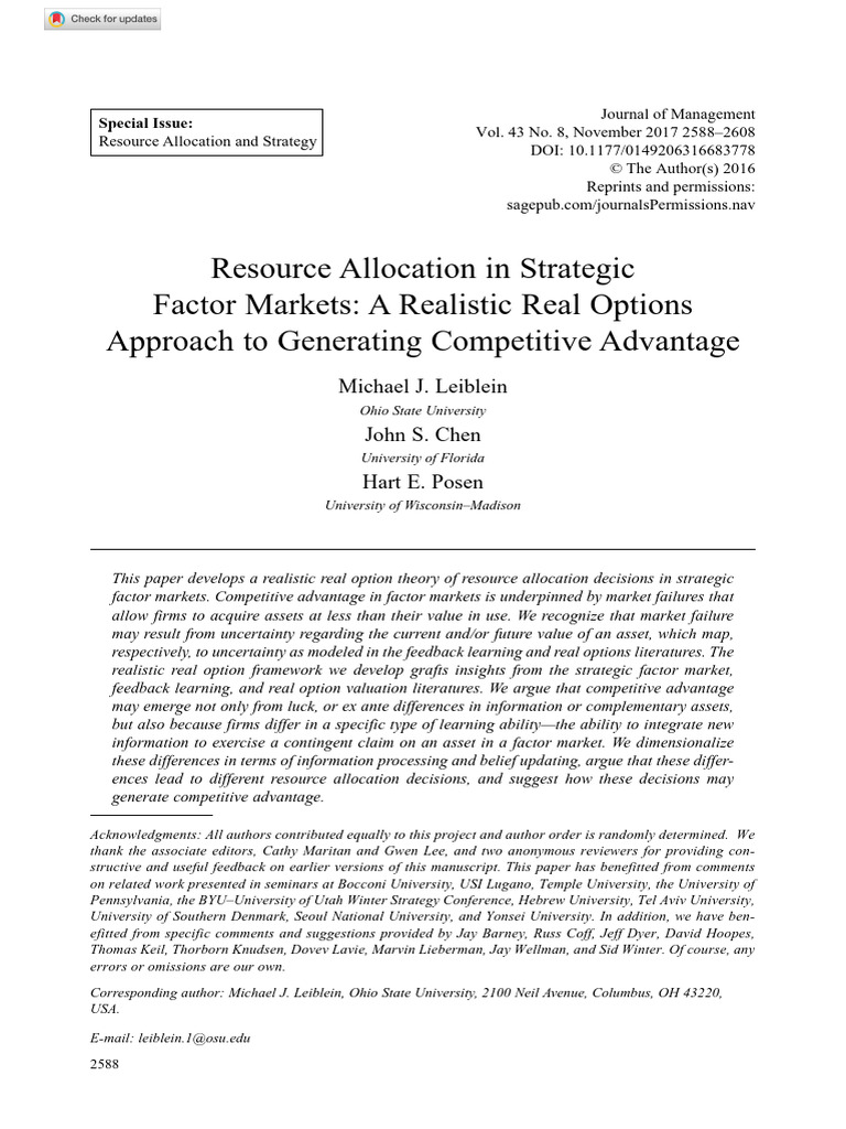Resource Allocation in Strategic Factor Markets - A Realistic Real Options Approach To ...