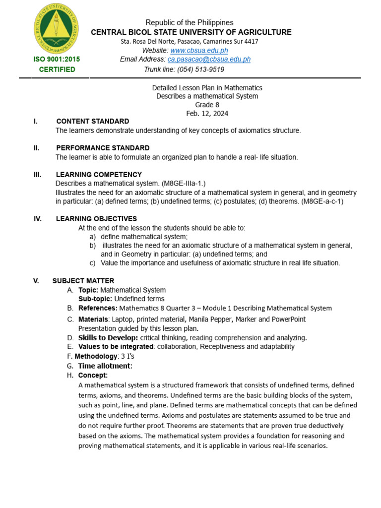 Grade 8 Lesson Plan: Mathematical Systems | PDF | Axiom | Mathematics