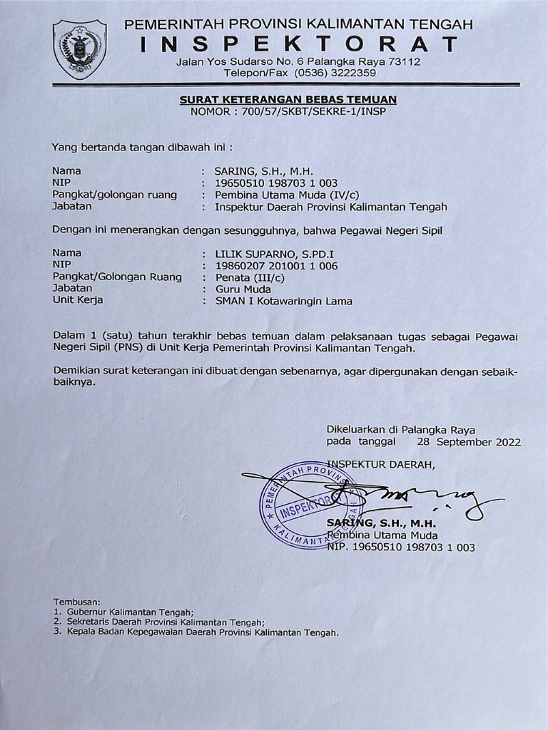 SKBT Inspektorat Prov Kalteng | PDF
