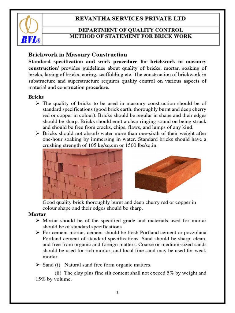 Method of Statement For Brick Massonary Work | PDF | Brick | Mortar (Masonry)