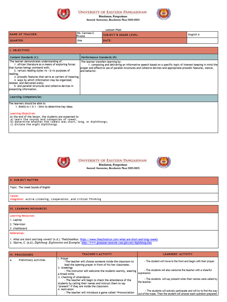 Lesson Plan 1 BU | PDF | Vowel | Phonetics