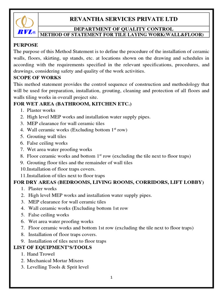 Method of Statement For Tile Laying Work-Qc-Rvl | Download Free PDF | Tile | Plumbing