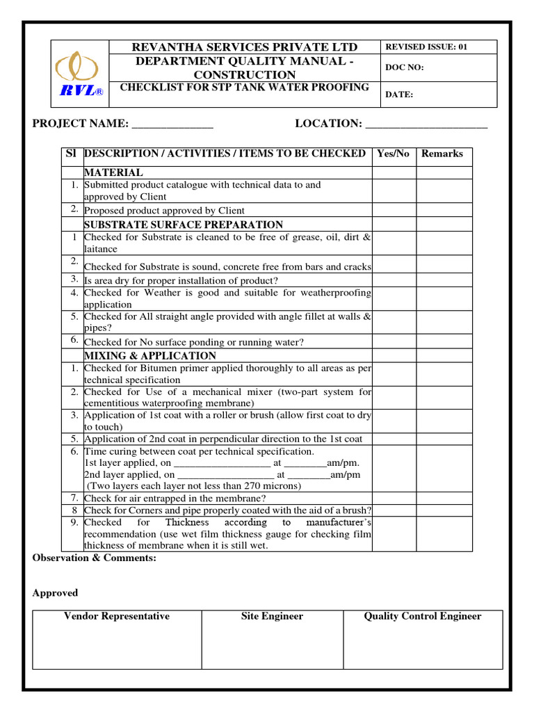 Check List For STP Tank Water Proofing | PDF