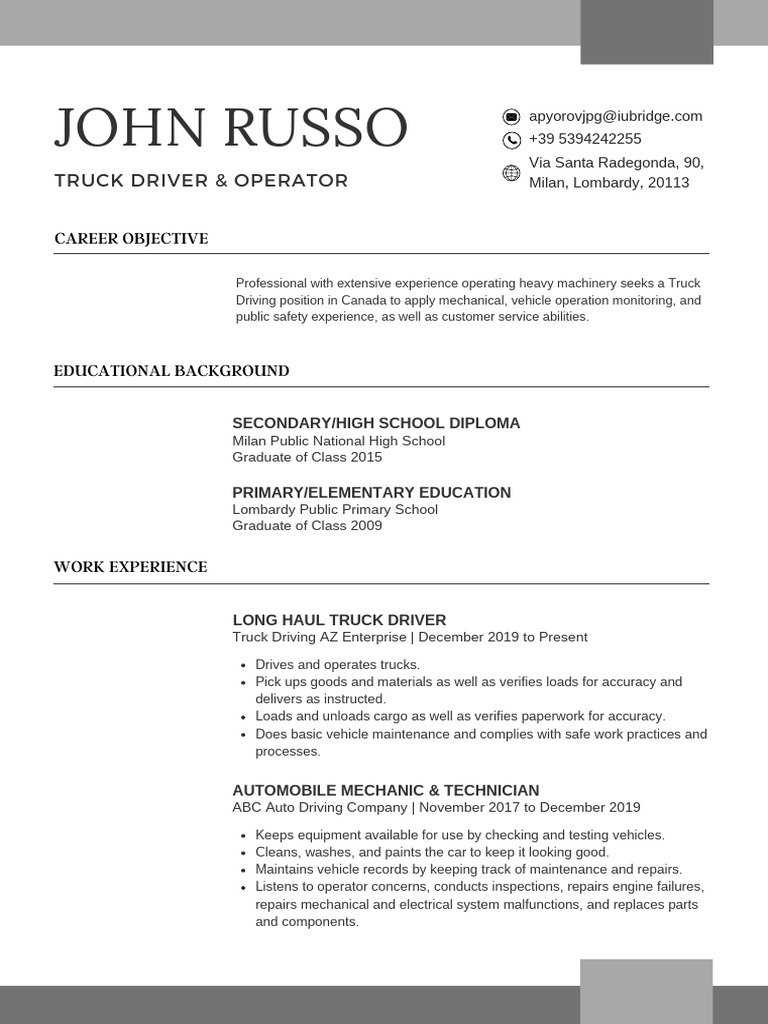 Sample Canadian CV Truck Driver Operator | PDF | Truck Driver | Truck