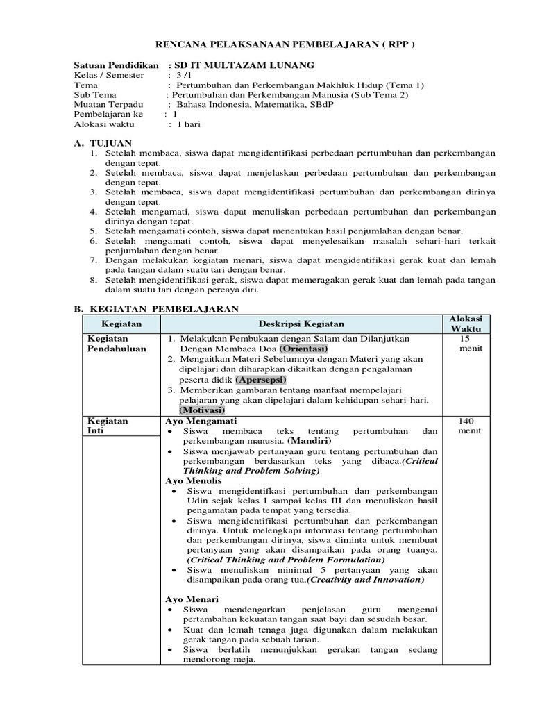 RPP Kelas 3 Tema 1 Subtema 2 | PDF