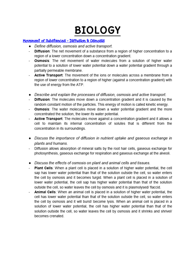 Y1 Science Notes | Download Free PDF | Cell (Biology) | Osmosis
