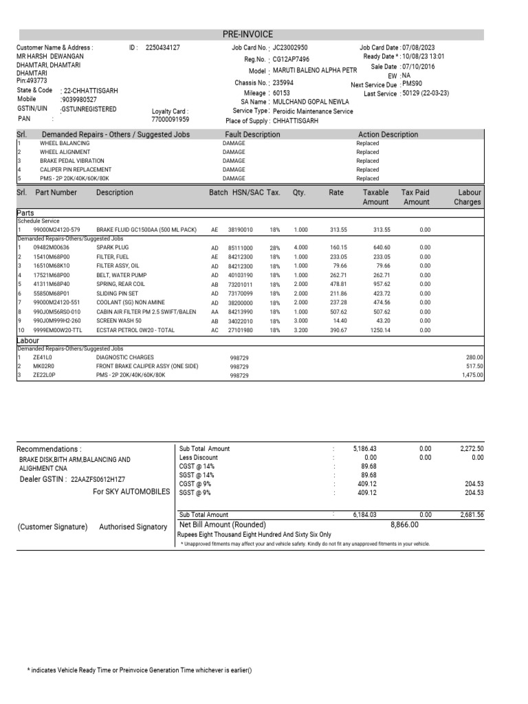 Service Bill | PDF | Vehicles | Car Body Styles