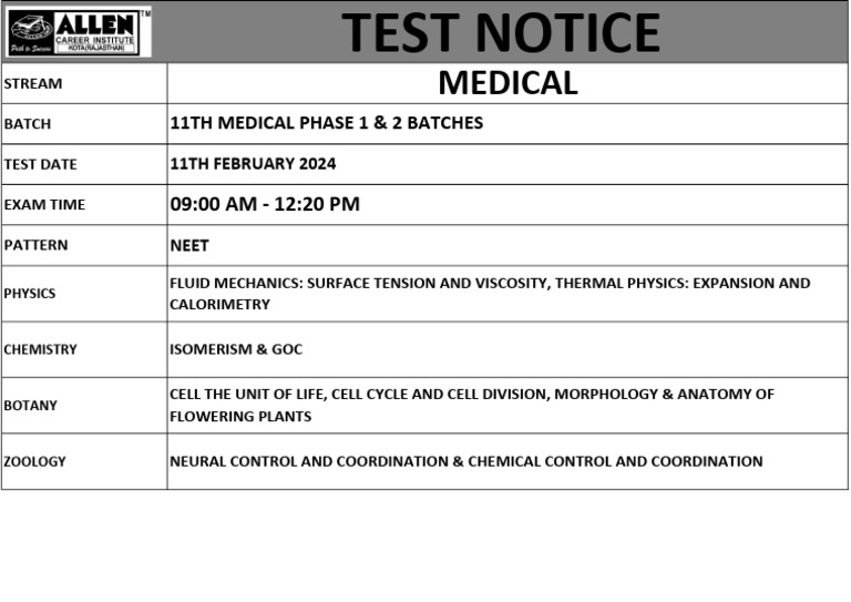 Test Notice - 11TH Medical Phase 1 & 2 Batches - 11.02.2024 | PDF