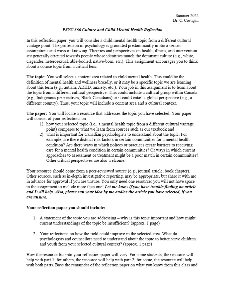 PSYC 366 Culture and Child Mental Health Reflection | PDF | Mental ... PSYC 366 Culture and Child Mental Health Reflection | PDF | Mental ...