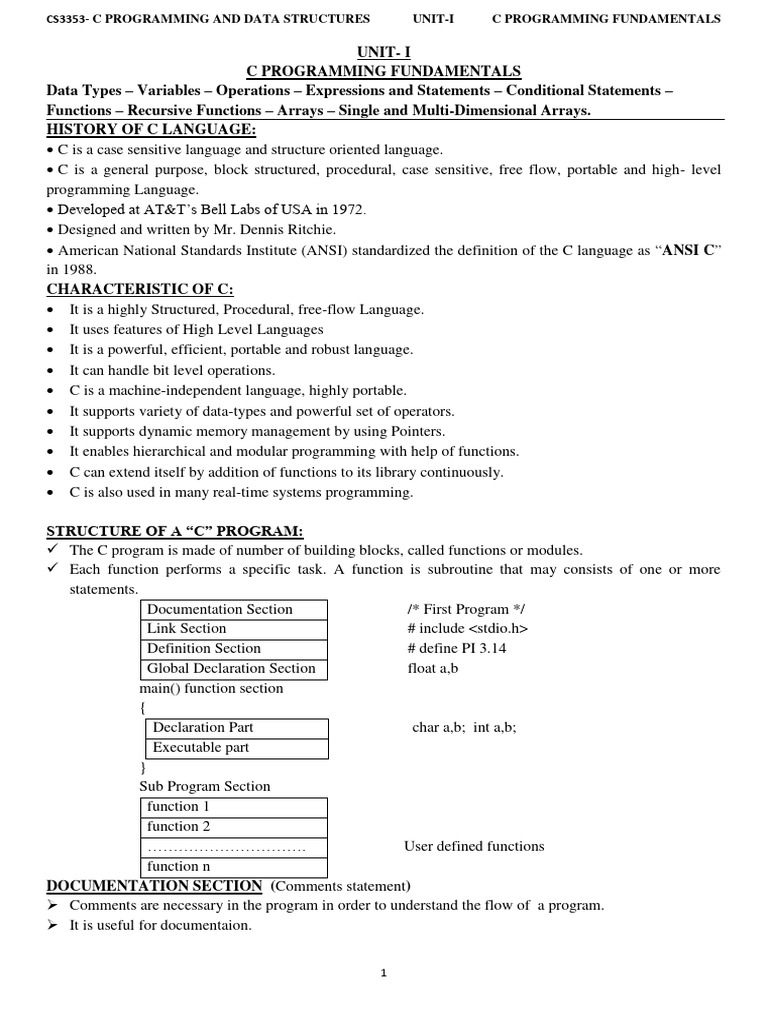 CS3353 Unit 1 | PDF | C (Programming Language) | Reserved Word