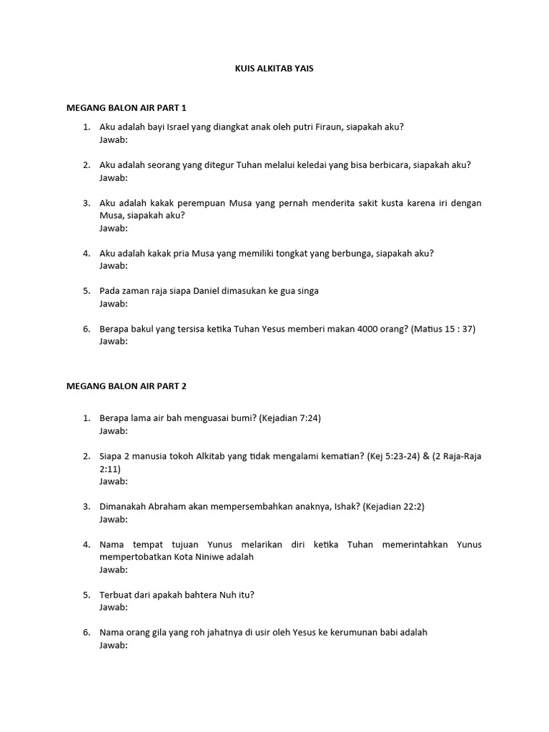 Kuis Alkitab Yais (Soal Saja) | PDF