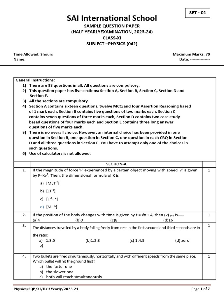 Xi Physics Hye SQP 2023 24 | PDF | Speed | Acceleration