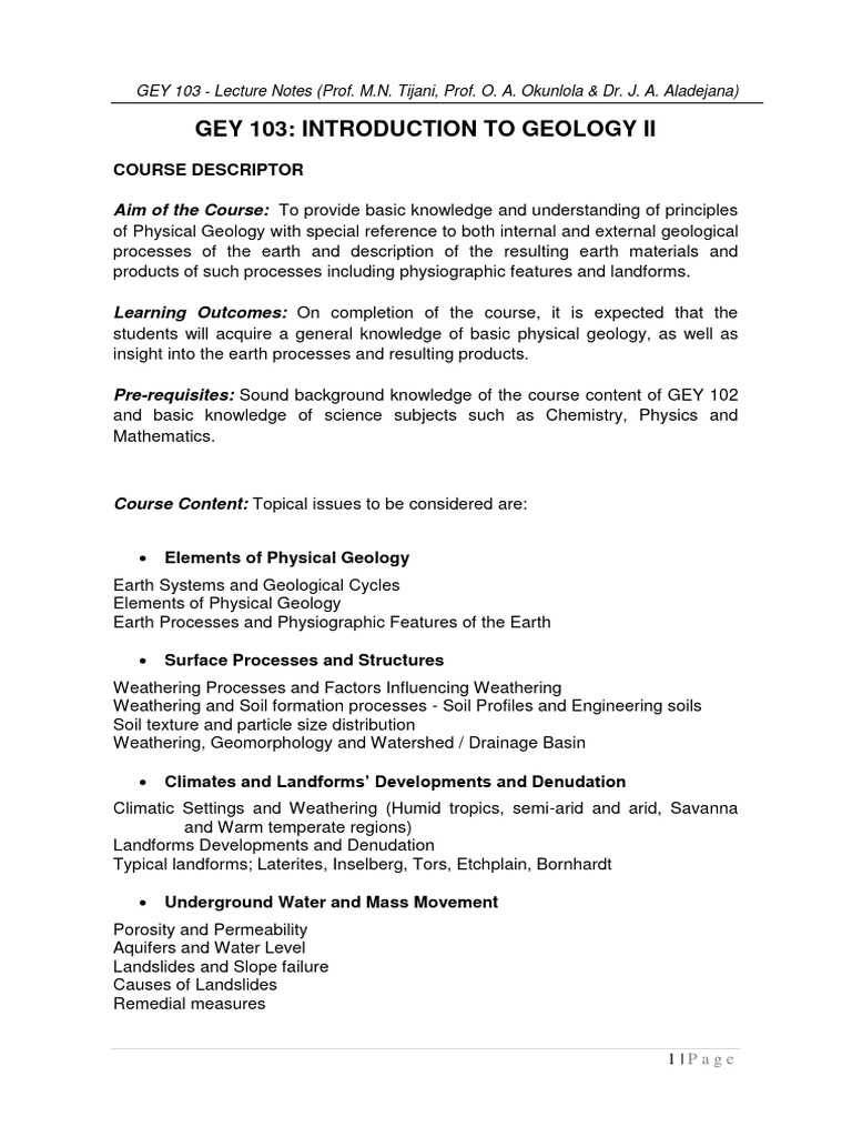 GEY - 103-Introduction To Geology Full Note | PDF