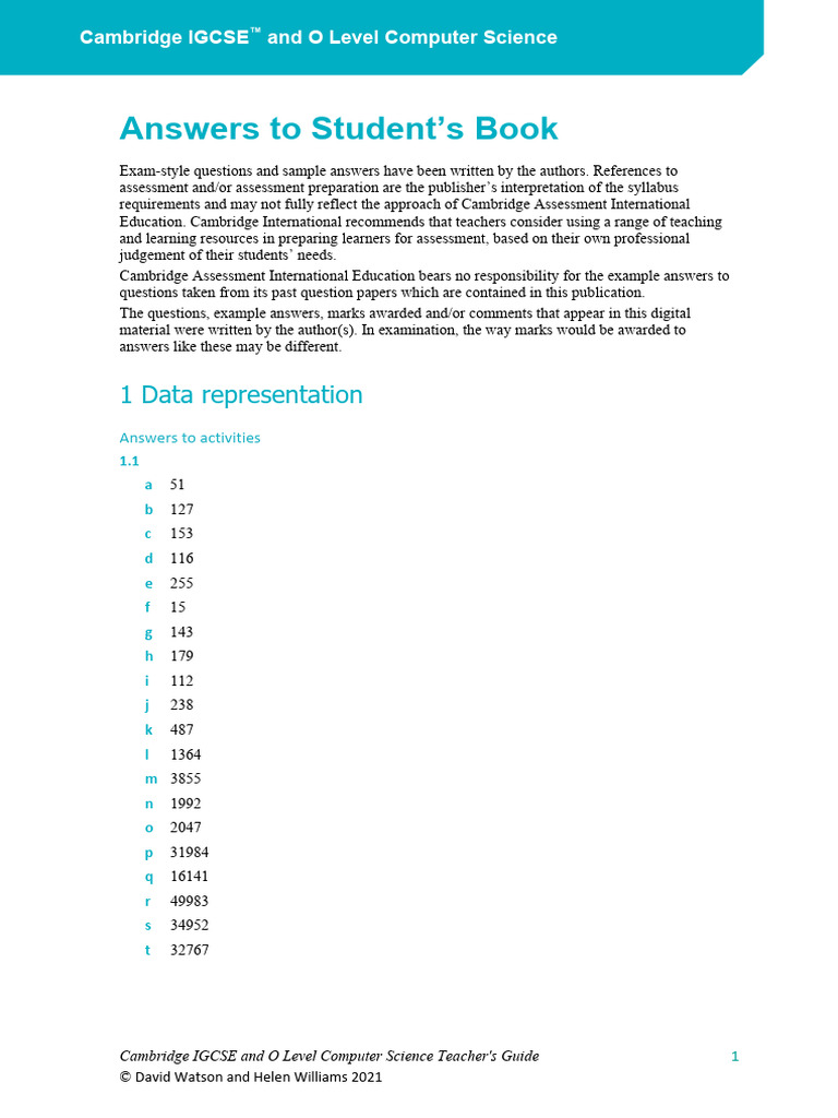 Answers Key IGCSE Computer Science 2nd Edition Hodder CourseBook by David Watson | PDF | Data ...