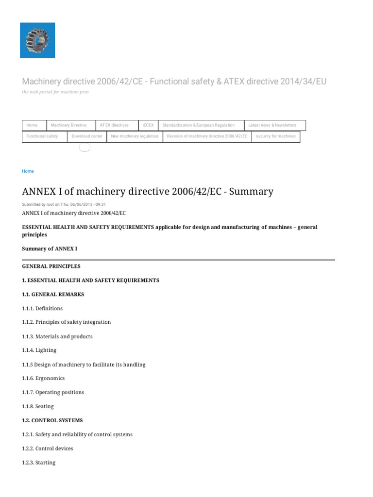 ANNEX I of Machinery Directive 2006 - 42 - EC - Summary - Machinery Directive 2006 - 42 - CE ...