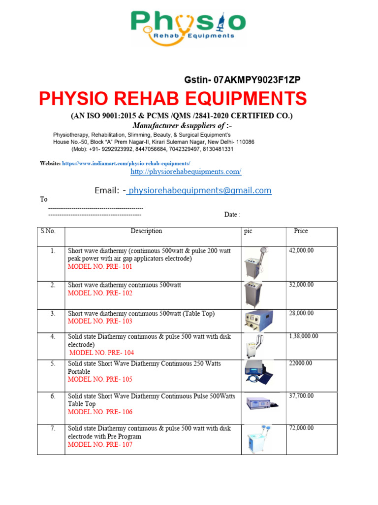Physiotherapy Equipment Price List | PDF | Physical Therapy | Ultrasound