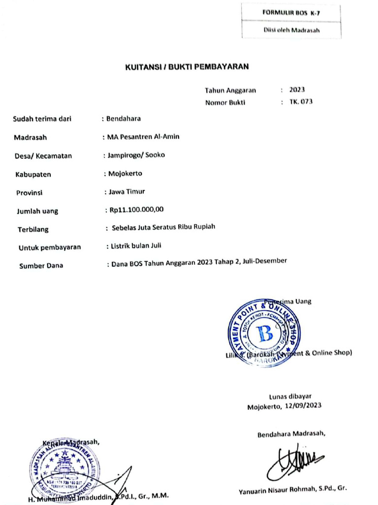 Formulir Bos-k7-Kuitansi Bukti Pembayaran | PDF