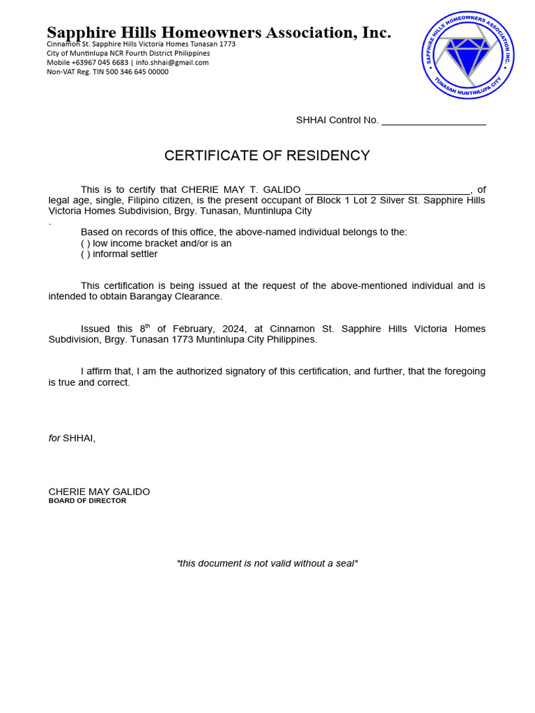 HOA Certificate of Residency Sample | PDF