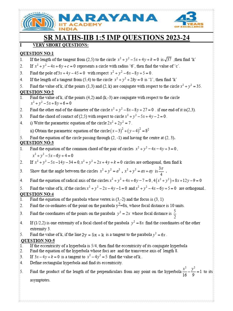 Maths 2B Important Questions 2023-24 | PDF | Ellipse | Circle