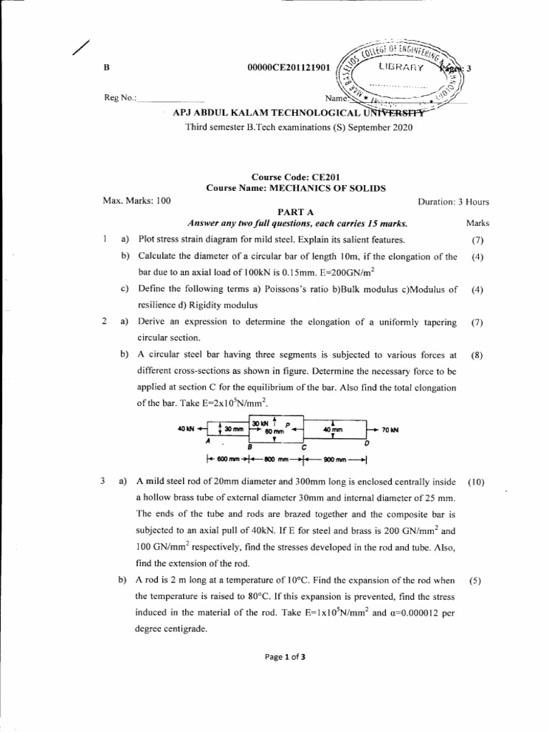 Ce201 B.tech s3 Mechanics Od Solids Sept 2020 | PDF