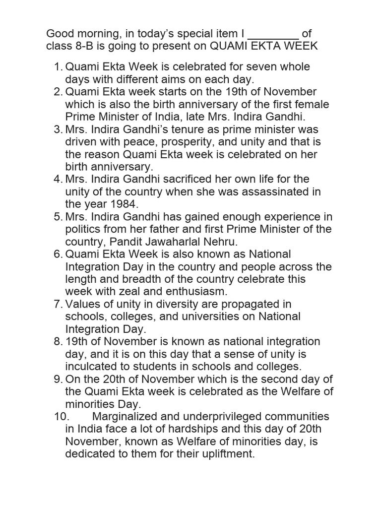 Quami Ekta Week: Celebrating Unity | PDF | Travel