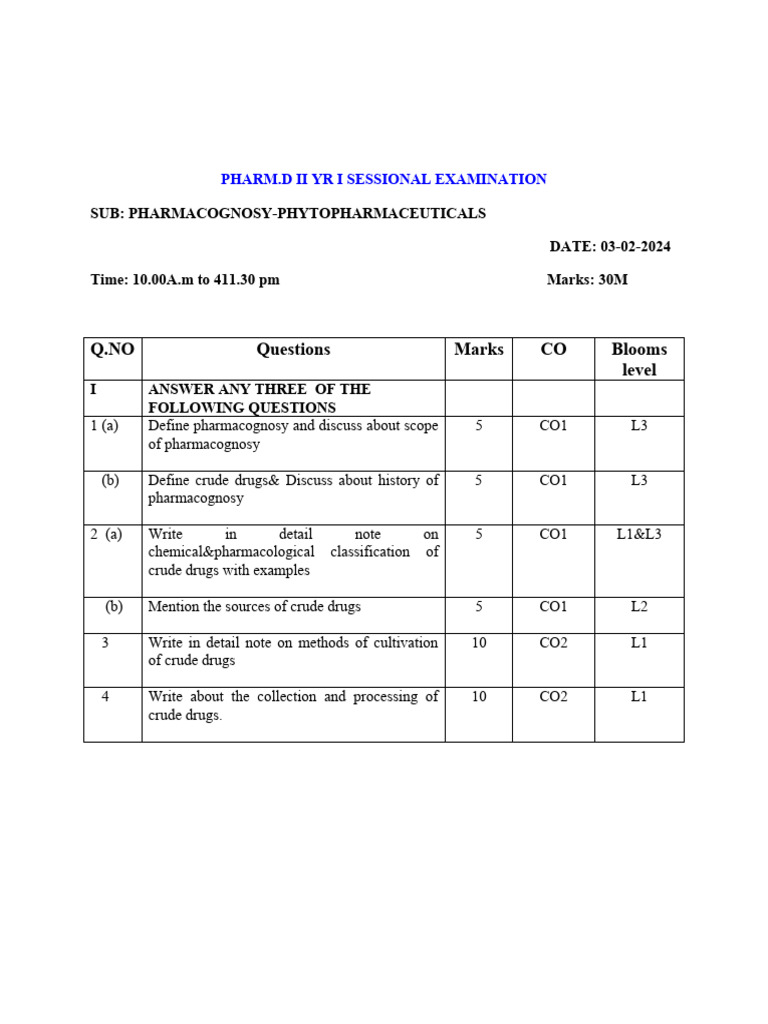 Pharmacognosy I Question Paper | PDF