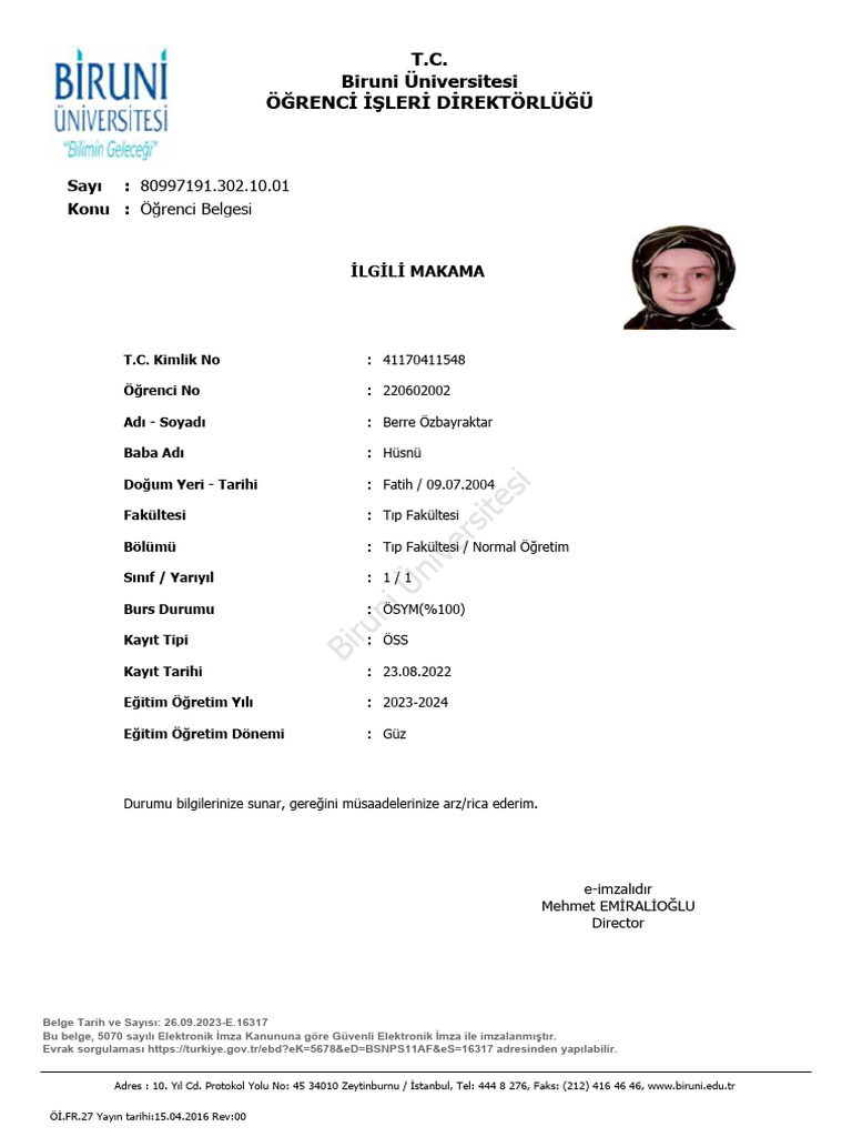 E. İmzalı Öğrenci Belgesi | PDF