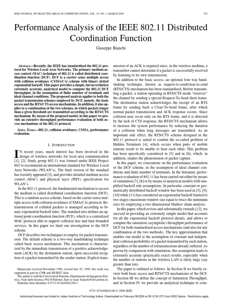 Performance Analysis Of The Ieee 802 11 Distributed Coordination Function Download Free Pdf