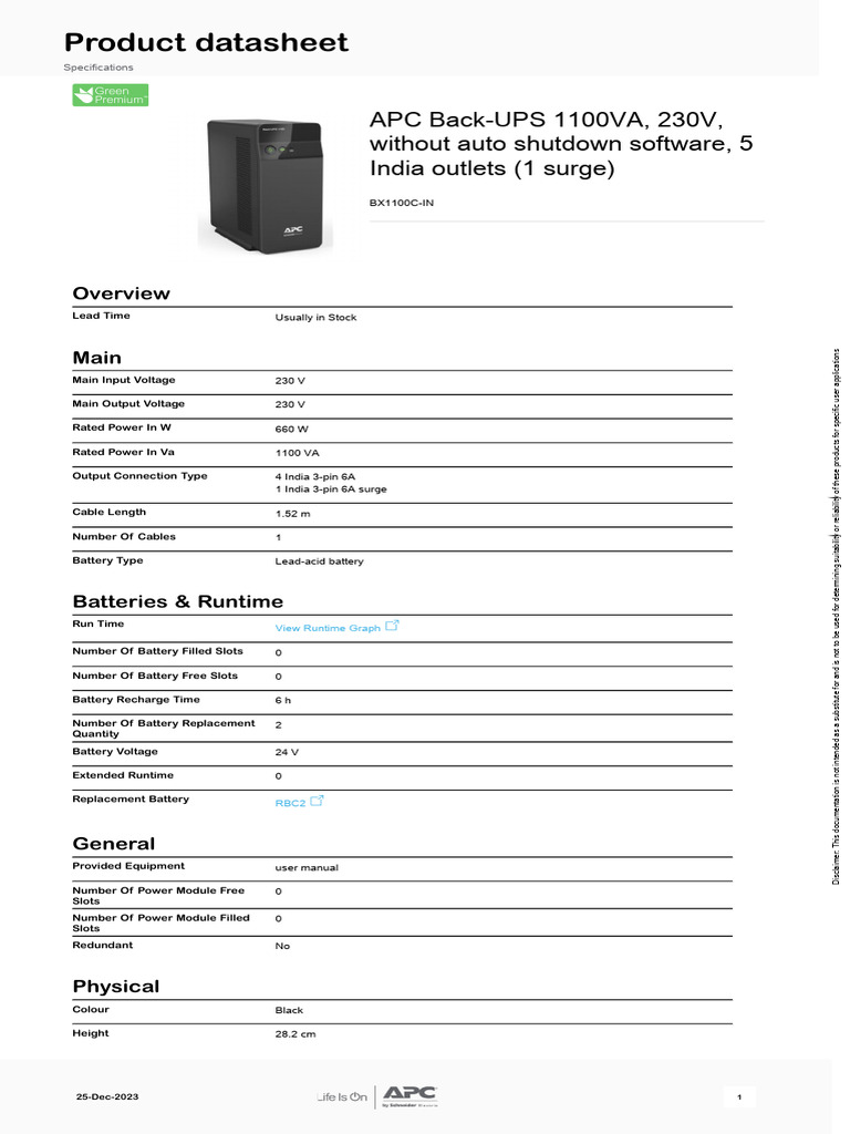 APC BX1100C-IN UPS Specifications | PDF | Electronics | Electric Power