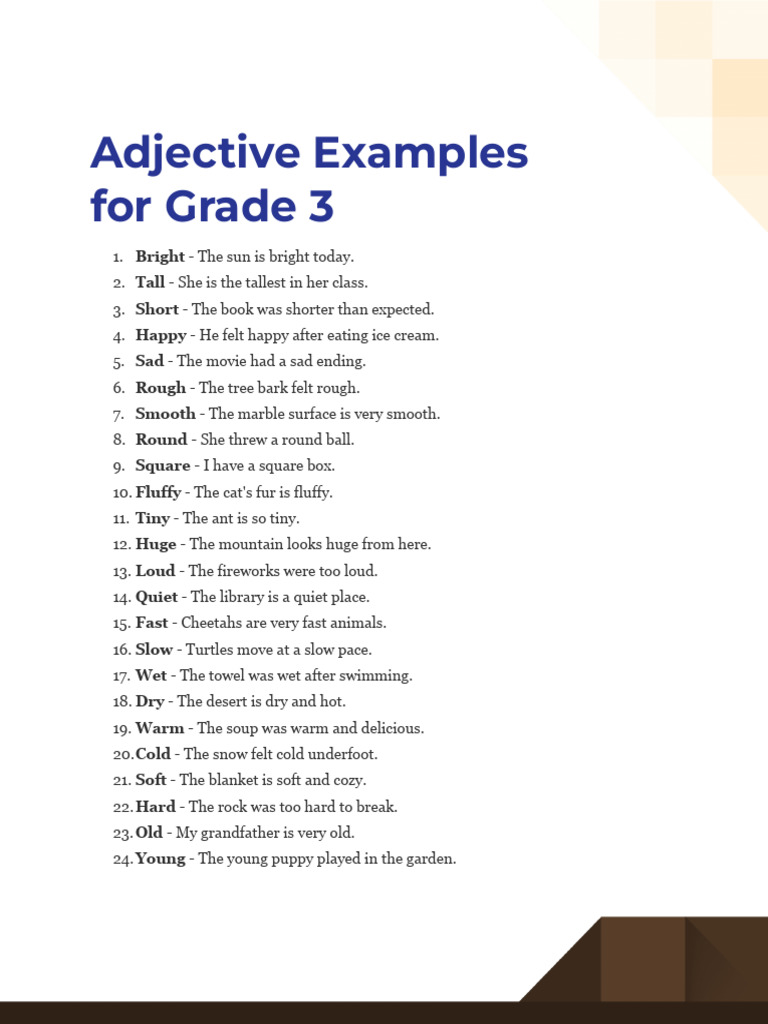 Adjective Examples For Grade 3 | PDF | Taste | Food And Drink