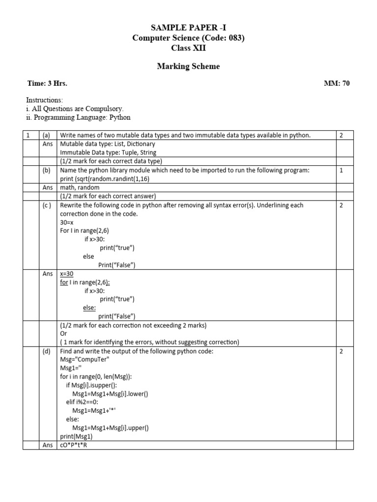 Sample Paper 1 - Marking Scheme | PDF | Python (Programming Language) | Computing