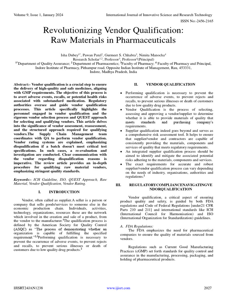 Vendor Qualification in Pharma Raw Materials | PDF | Audit | Quality ...